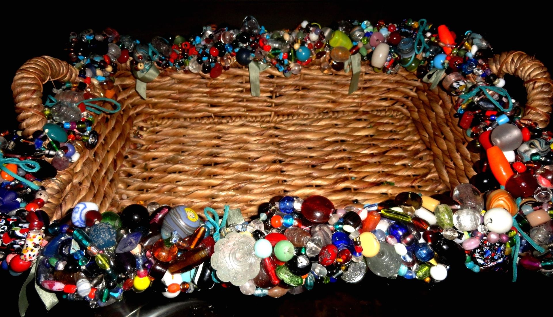 Custom Large Beaded Tray Basket With Handmade Glass Beads Blue Suede ...