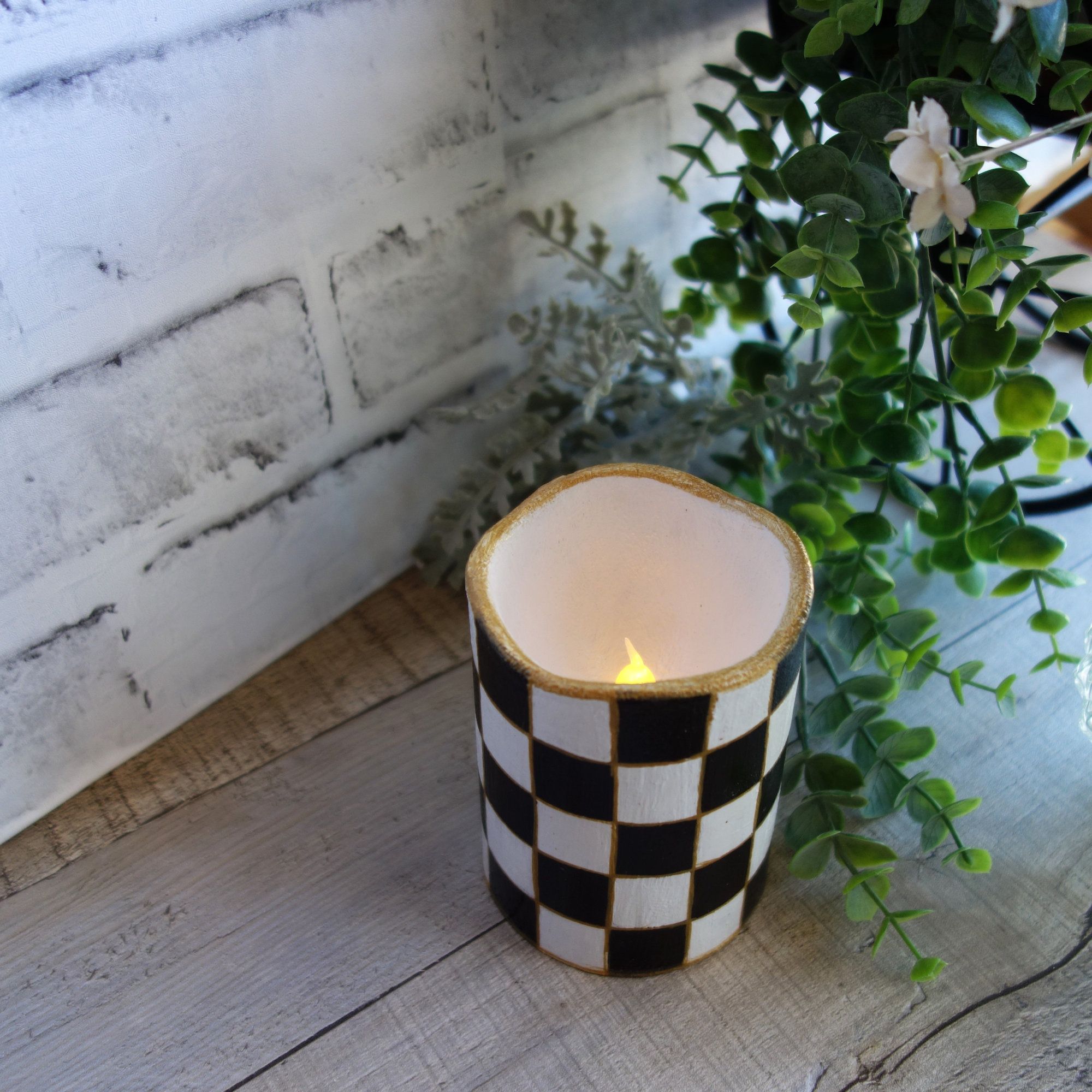 Buy Custom Black And White Checked Candle Vintage Checks Battery Candle ...