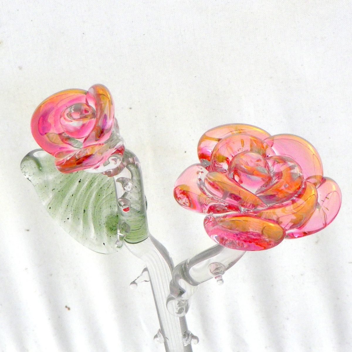 Hand Crafted Hand-Blown Long-Stemmed Glass Roses In Pink And Gold by ...
