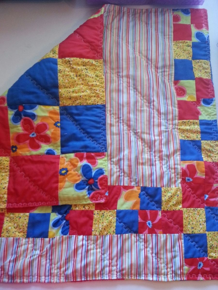 Hand Made Custom Red, Blue, Yellow Flowered Modern Baby Quilt by ...