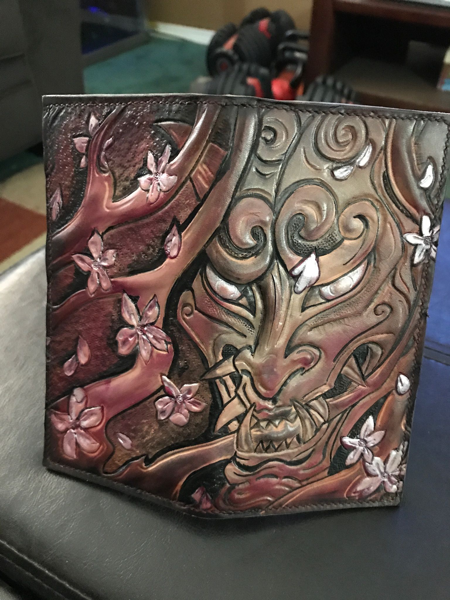 Buy Hand Made Hand Tooled Japanese Demon And Cherry Blossom Long Wallet ...