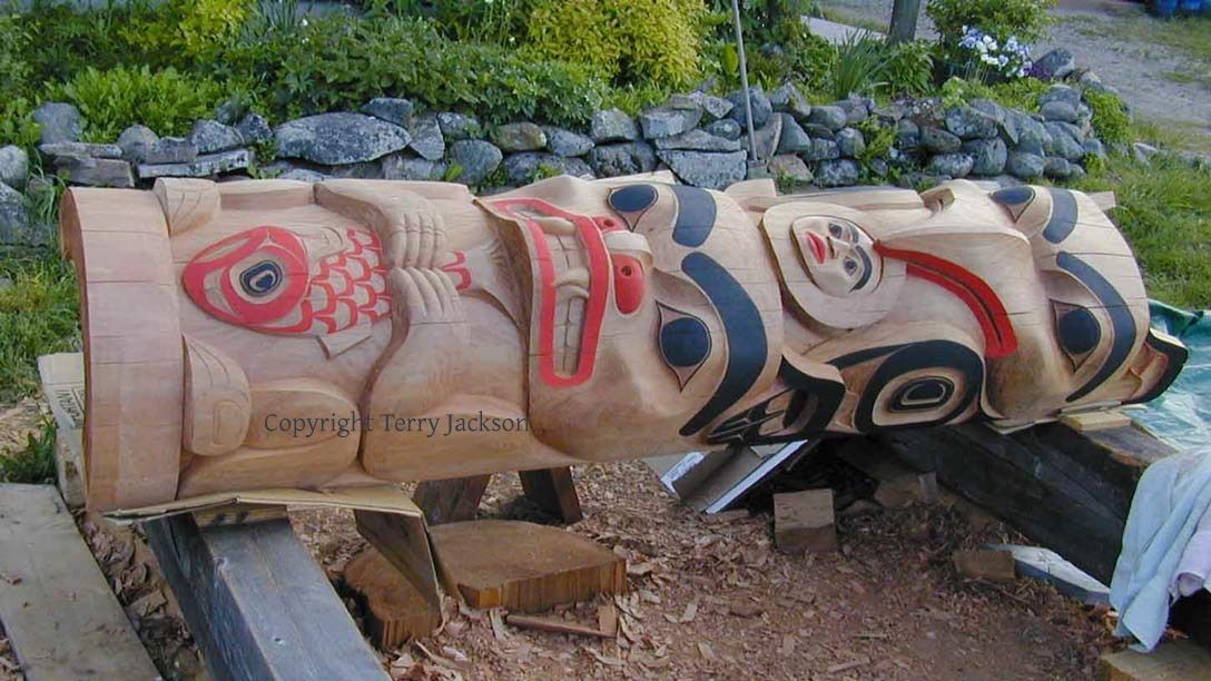 Hand Crafted Carved Totem Pole Raven And Bear With Salmon by Terry ...