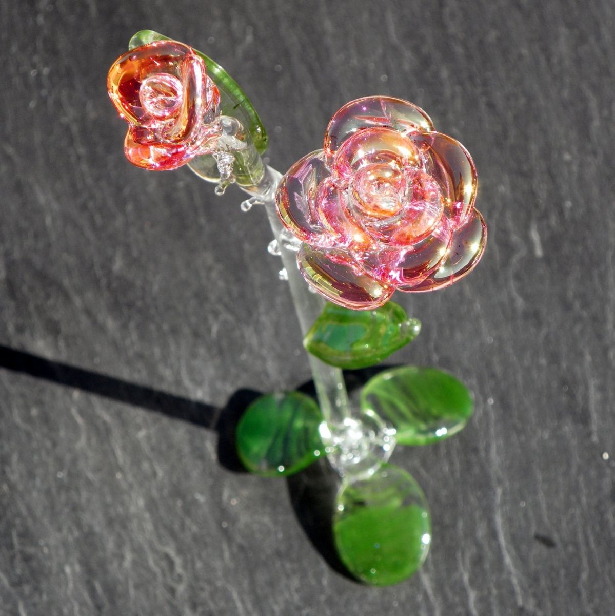 Hand Crafted Hand-Blown Long-Stemmed Glass Roses In Pink And Gold by ...
