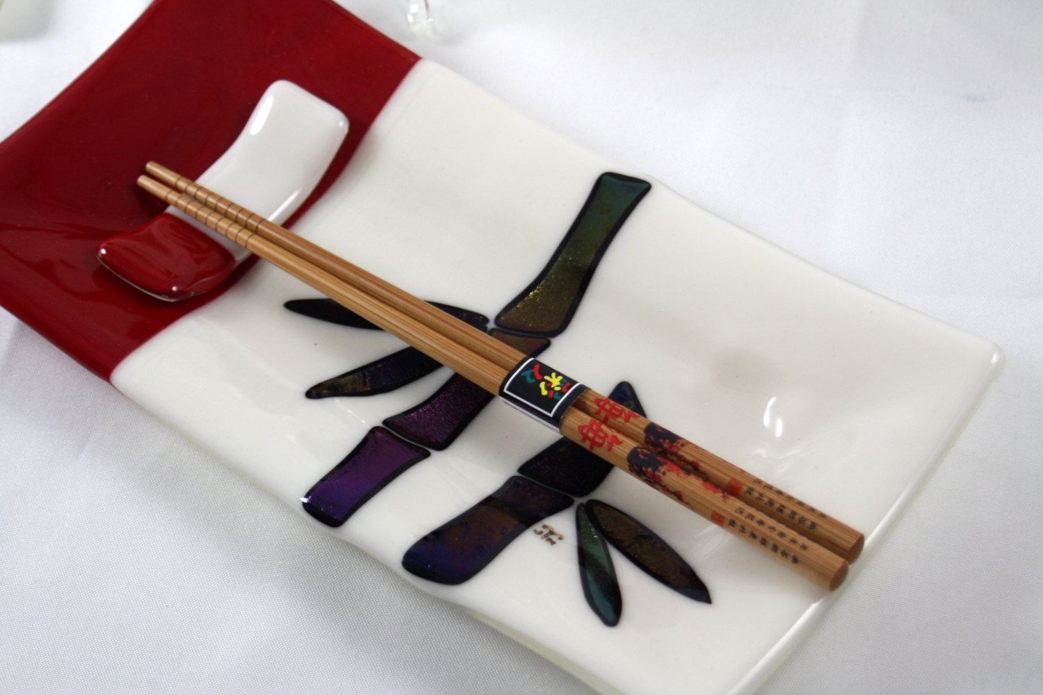 Hand Crafted 8-Piece Fused Glass Sushi Set With Bamboo Design by J.M ...